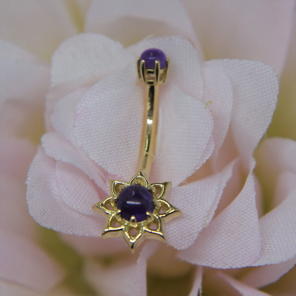 18K Gold Navel Bar with Amethyst - Cardiff Piercing