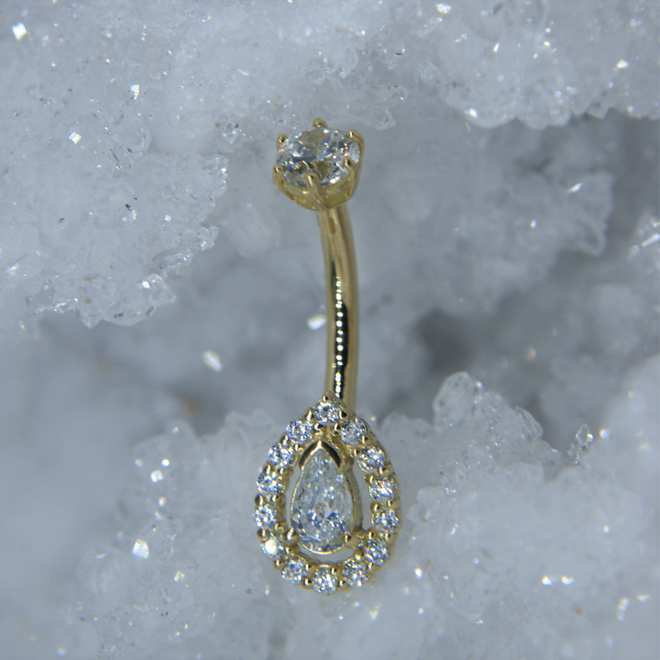 18K Gold Navel Belly Bar with Pear Halo - Cardiff Piercing Premium ...